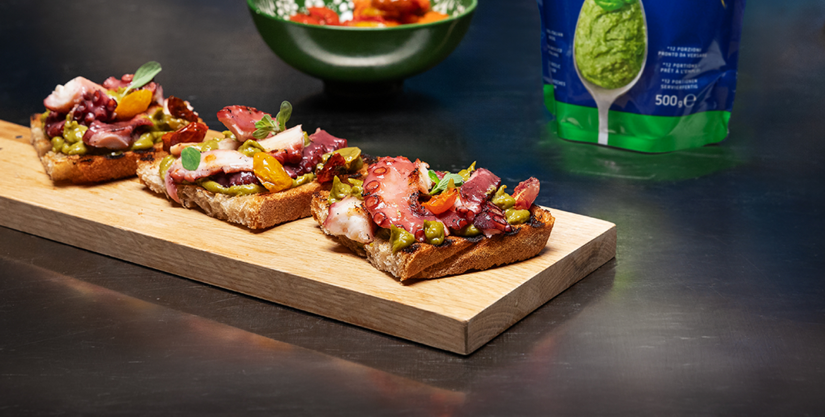 Bruschetta Genovese Pesto & Grilled Octopus | Barilla For Professionals