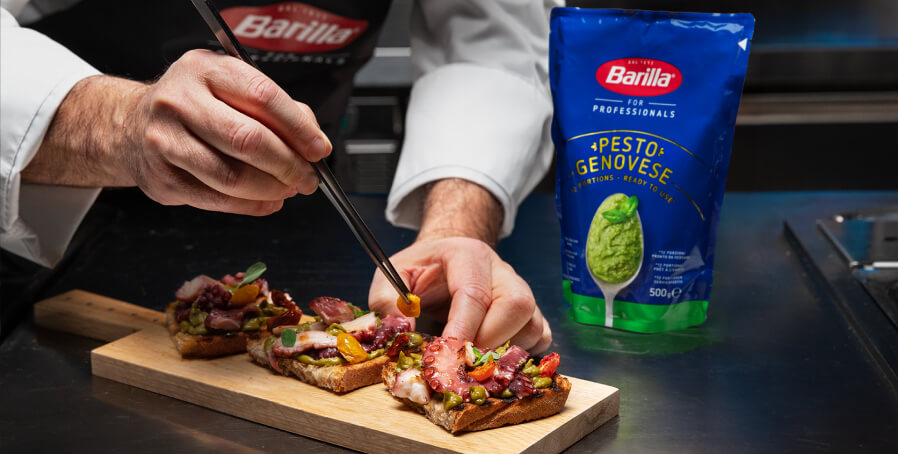 Bruschetta Genovese Pesto & Grilled Octopus | Barilla for Professionals
